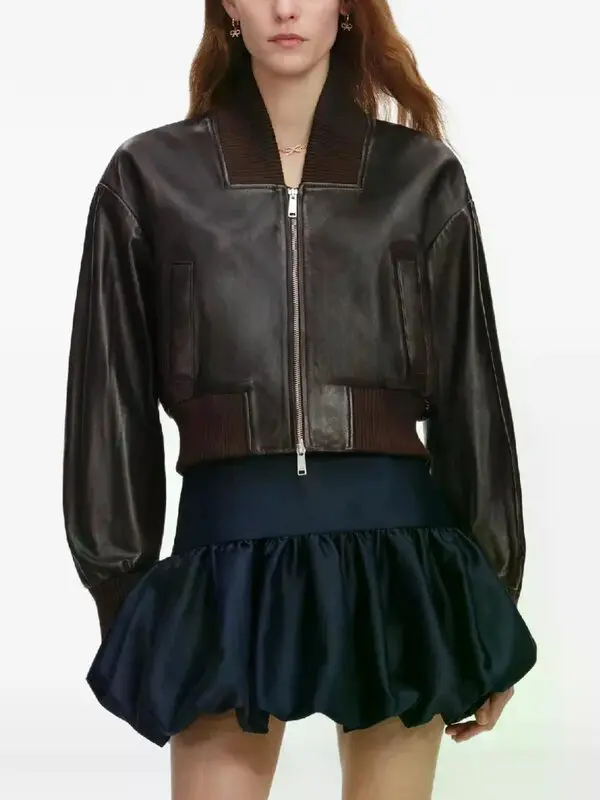 SELF-PORTRAIT Ribbed Leather Bomber Jacket