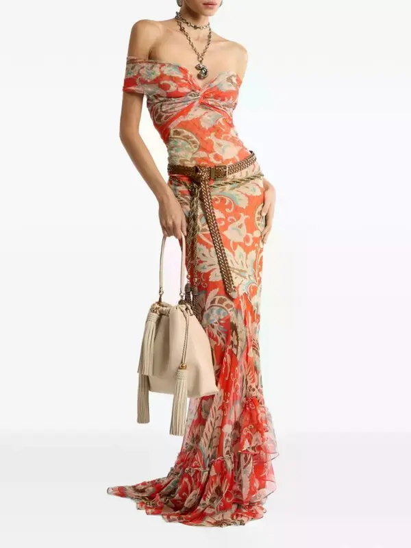 Etro Long Tulle Off-the-shoulder Dress With Floral Motif