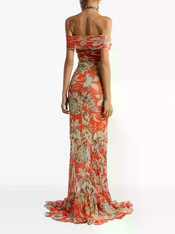 Etro Long Tulle Off-the-shoulder Dress With Floral Motif
