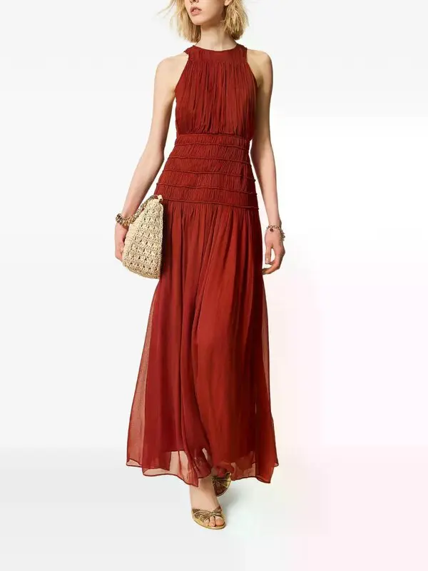 TWINSET Crépon Maxi Dress With Gathered Bodice - Brown