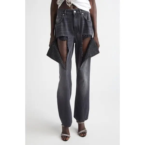 AREA Hotfix Thigh Slash Straight Leg Jeans - Washed Black