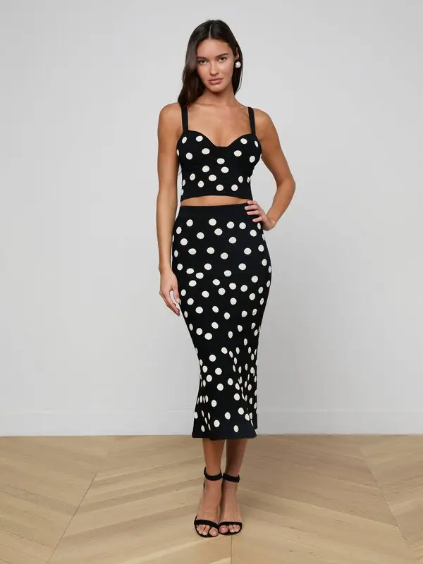 L'Agence Mae Knit Flare Skirt - Black/ecru Polka Dot