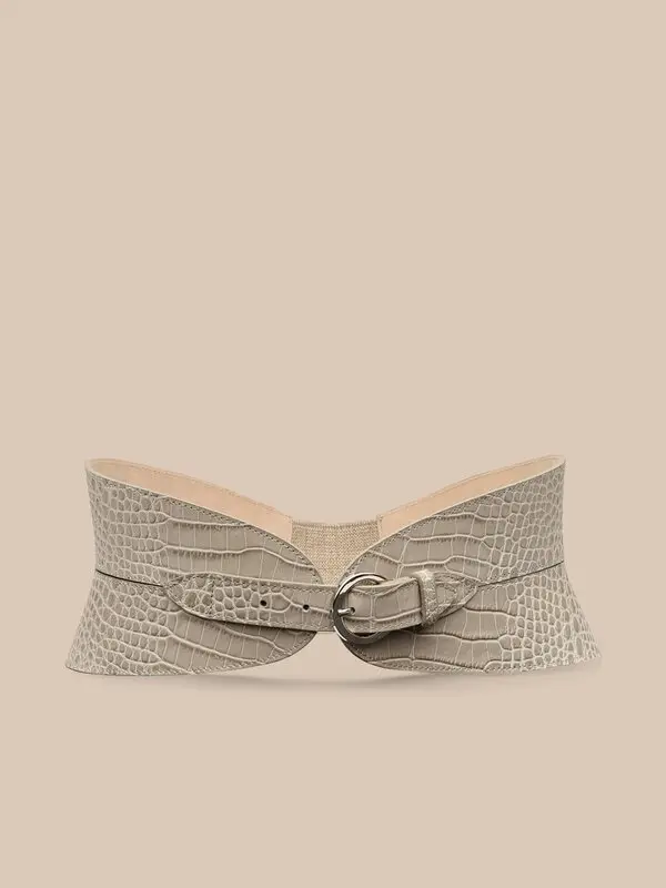 L'Agence Alexandra Croc-embossed Corset Belt - Ivory Croc Embossed