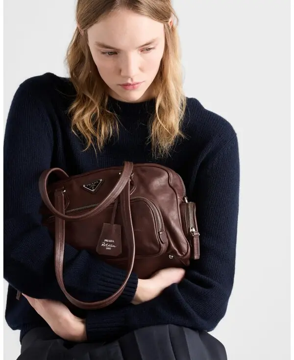 Prada Large Washed Leather Top-handle Bag - Brown