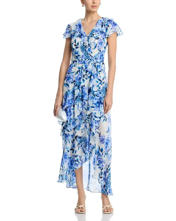 Eliza J Women's Asymmetrical Ruffle V-Neck Maxi Dress - Blue Multi
