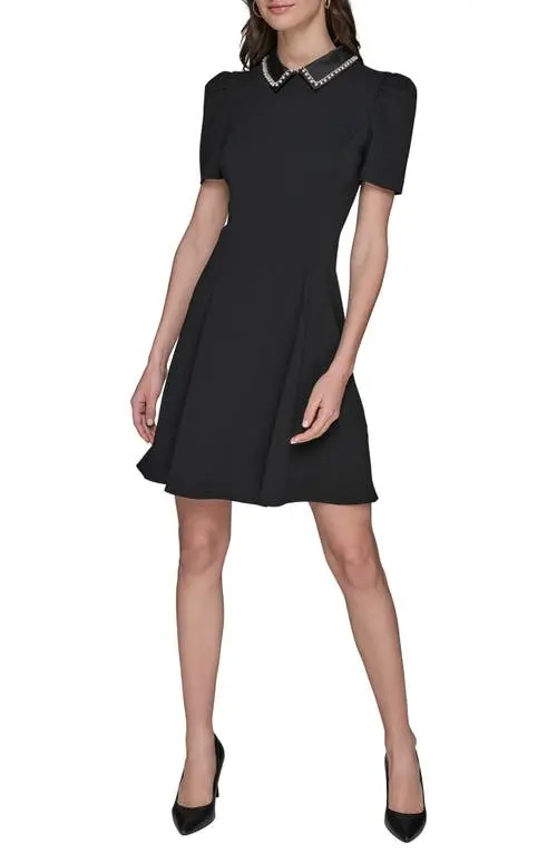 Karl Lagerfeld Paris Faux Pearl Detail Crepe Fit & Flare Minidress - Black