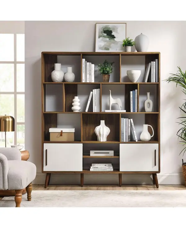 MODWAY Transmit 59 Bookcase With Sliding Doors - Walnut Linen