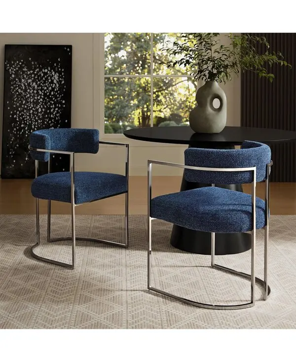 MODWAY Huron Curved Back Fabric And Metal Dining Accent Chair - Silver Navy