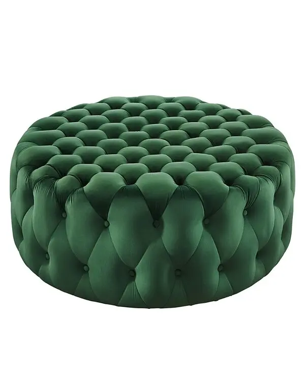 MODWAY Amour Tufted Button Large Round Performance Velvet Ottoman - Emerald