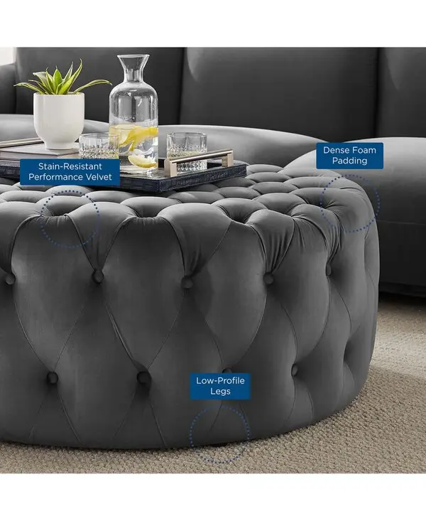 MODWAY Amour Tufted Button Large Round Performance Velvet Ottoman - Gray