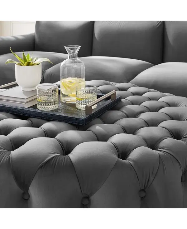 MODWAY Amour Tufted Button Large Round Performance Velvet Ottoman - Gray