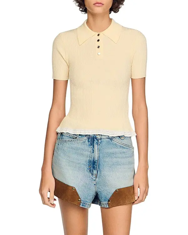 Sandro Ribbed Knit Polo Top - Vanilla