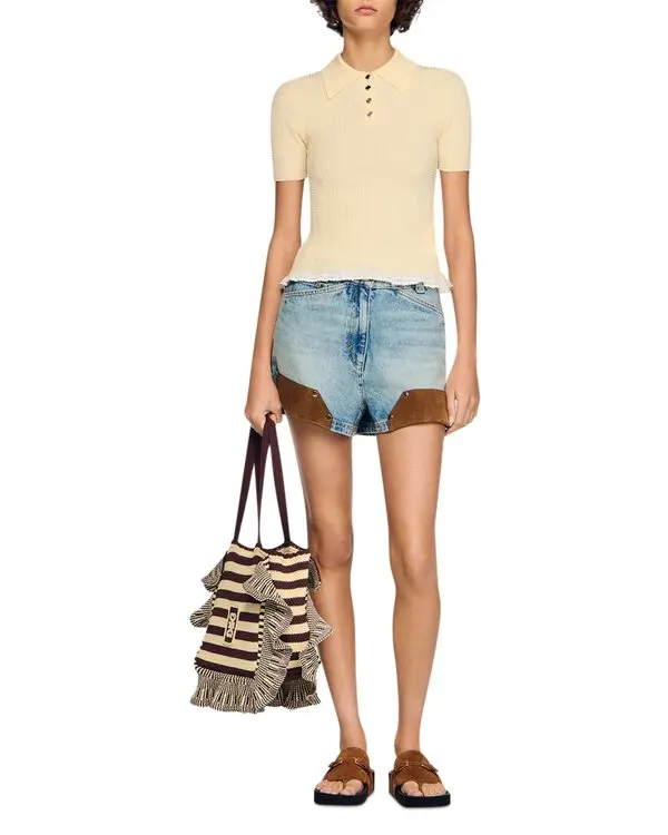 Sandro Ribbed Knit Polo Top - Vanilla