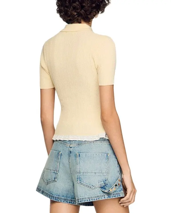 Sandro Ribbed Knit Polo Top - Vanilla