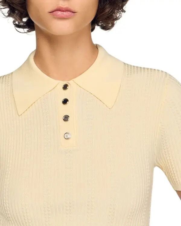 Sandro Ribbed Knit Polo Top - Vanilla