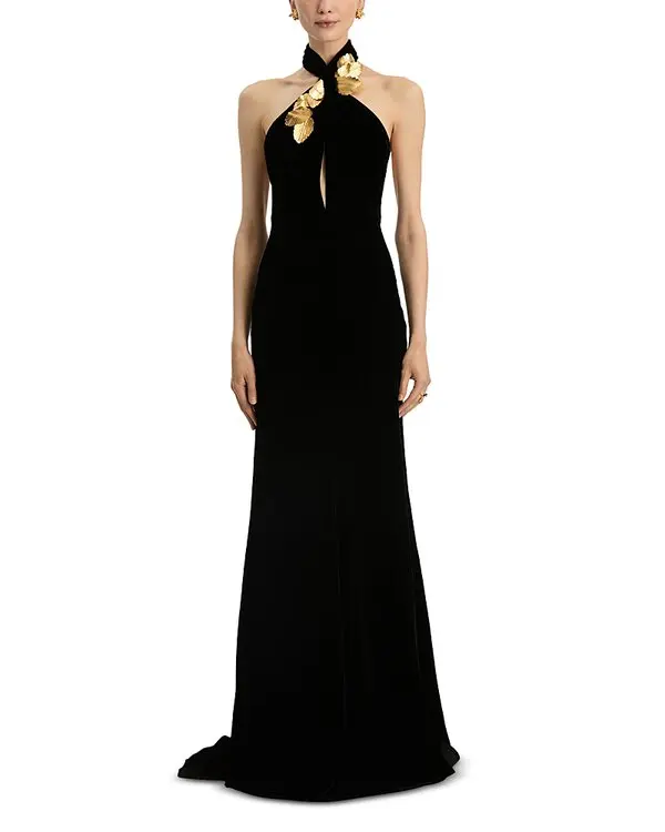 Oscar De La Renta Halter Neck Velvet Gown With Gold Leaf Embroidery - Black