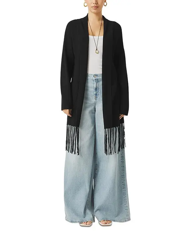 Splendid X Spl X Cj Fringe Open Front Cardigan Sweater - Black