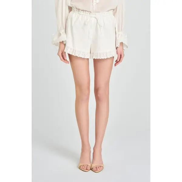 WAYF Helena Eyelet Ruffle Stretch Cotton Shorts - Ivory