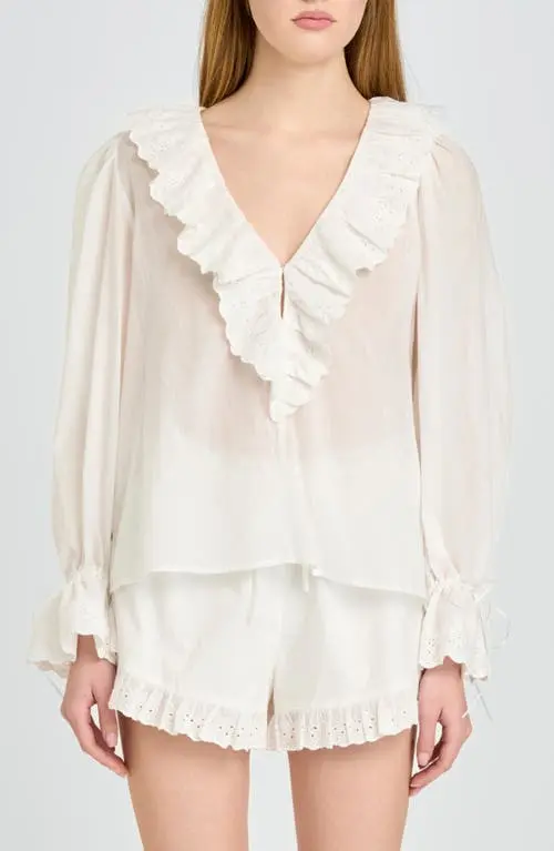 WAYF Helena Eyelet Ruffle Stretch Cotton Shorts - Ivory