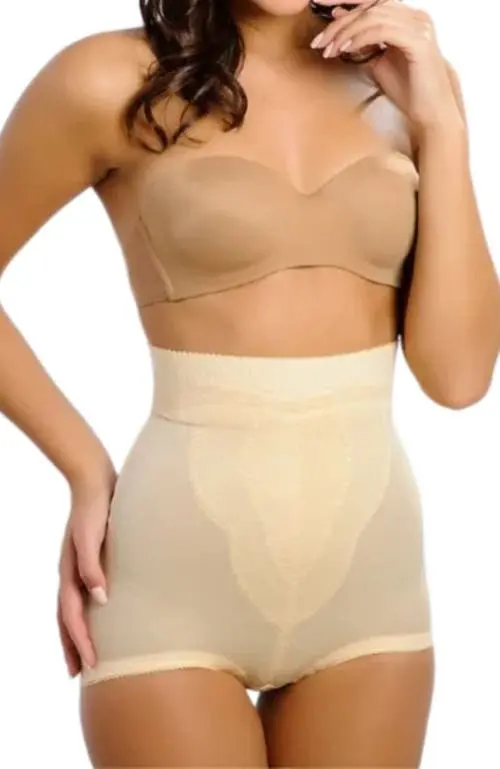 RAGO Medium Support High Waist Panty Brief With Tulip Front Panel Memory Compression Fabric - Beige