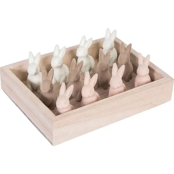 GALLERIE II Flocked Natural Easter Bunnies In Box Assortment Of 12 Figurines - Brown