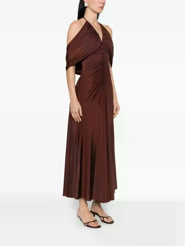SELF-PORTRAIT V-neck Ruched Midi Dress - Brown