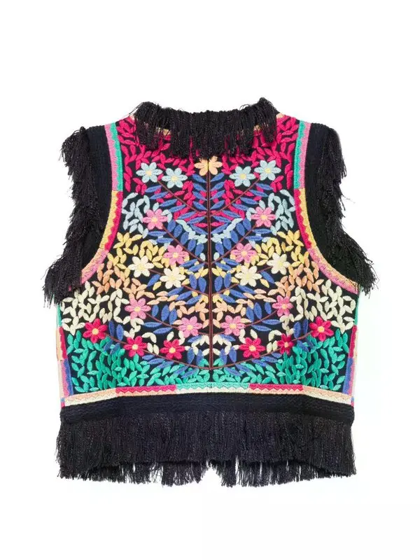 Antik Batik Floral-embroidered Fringe Vest