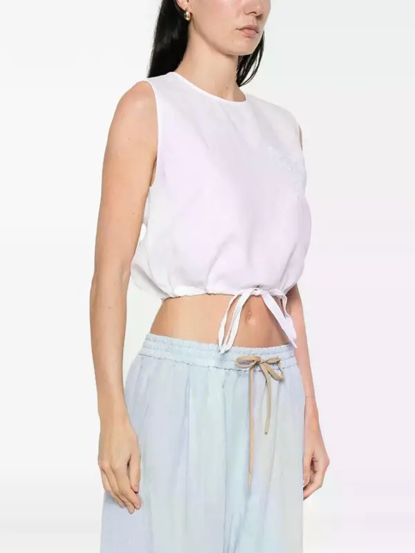 TWINSET Sleeveless Cropped Linen Top With Embroidered Logo And Drawstring Hem