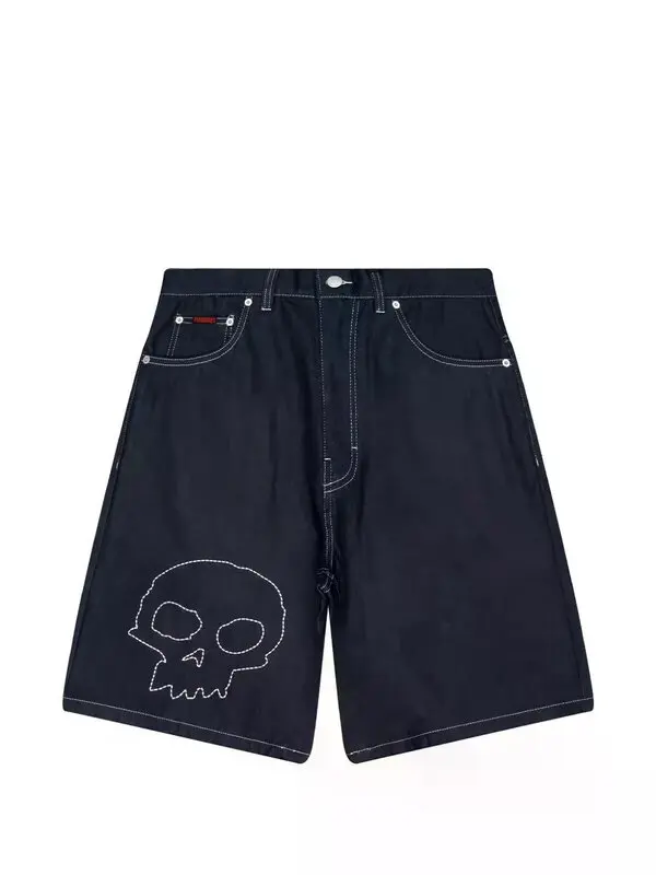 PLEASURES Skull Embroidered Denim Shorts