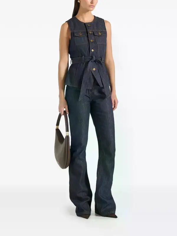 Manière De Voir Denim Waistcoat With Gold Buttons And Belted Waist - Blue