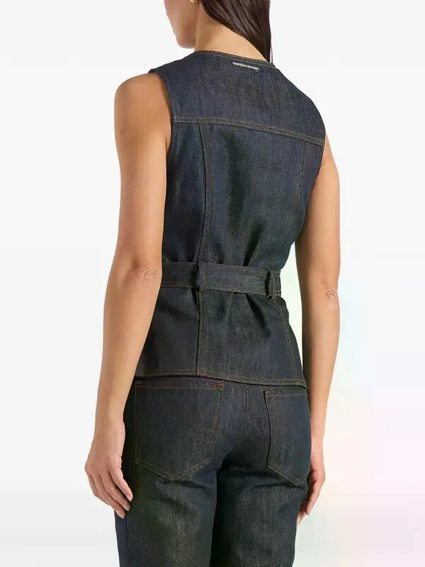 Manière De Voir Denim Waistcoat With Gold Buttons And Belted Waist - Blue