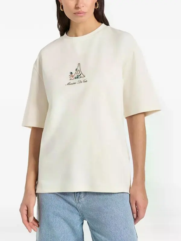 Manière De Voir Maniere De Voir Floral Eiffel Embroidered Cotton Blend T-shirt - Neutrals