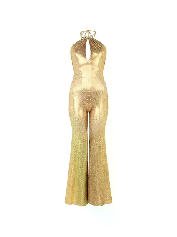 Roberto Cavalli Serpentine-print Halter Jumpsuit - Gold