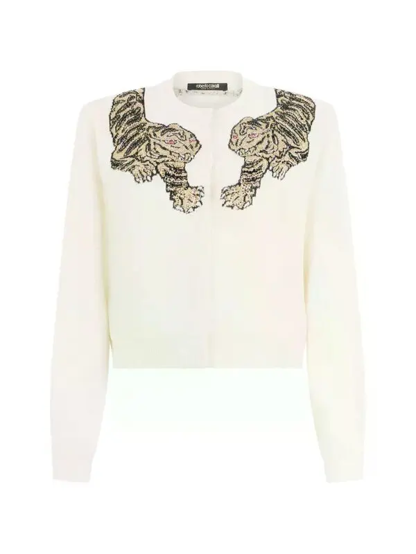 Roberto Cavalli Tiger-embellished Knit Cardigan - Neutrals
