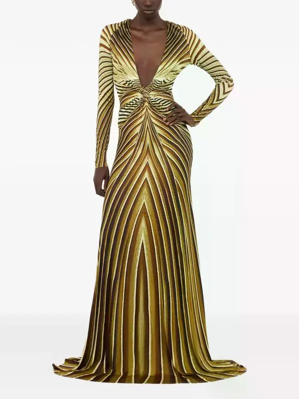 Roberto Cavalli Iside-print Long-sleeve Maxi Dress - Neutrals