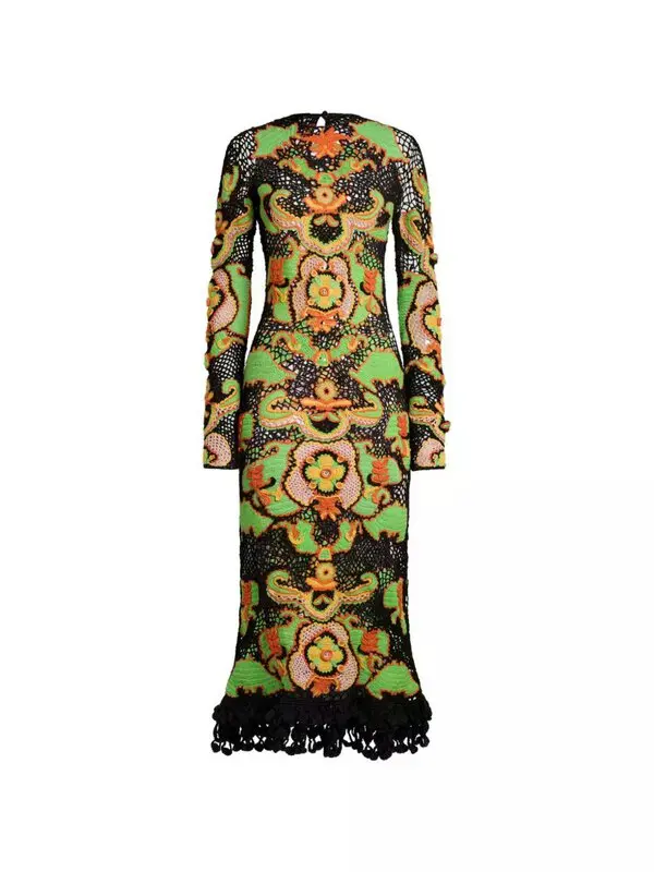 Etro Long Cotton Dress With Crochet-effect Floral Motif - Black
