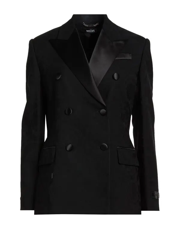 Versace Double-breasted Blazer In Wool With Jacquard Pattern And Satin Trims