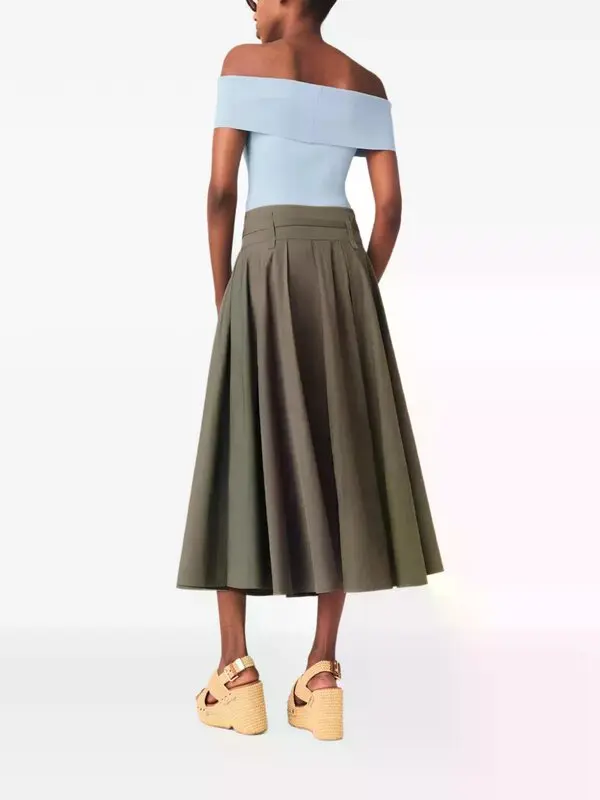 Maje Pleated Cotton Blend Maxi Skirt With Gold Buckle Belt - Green