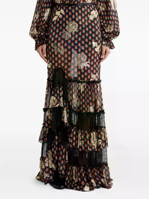 Etro Silk And Lace Maxi Skirt With Fil Coupé Roses