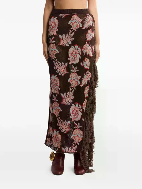 Etro Maxi Skirt In Cotton-blend Jacquard With Floral Motif And Fringing - Brown