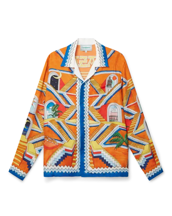 Casablanca Escalier Infini Cuban Collar Long Sleeve Silk Shirt