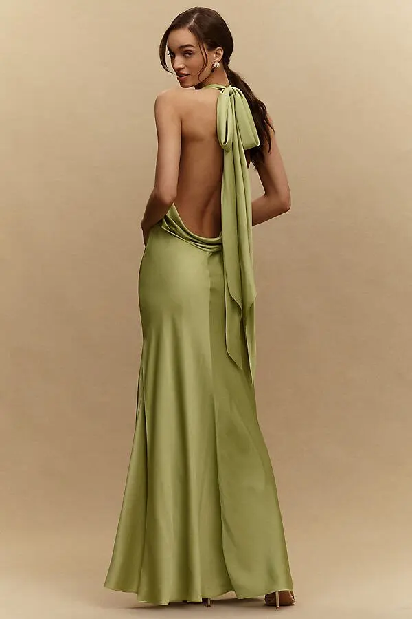 Bhldn Celeste Plunge Satin Maxi Dress - Light Green