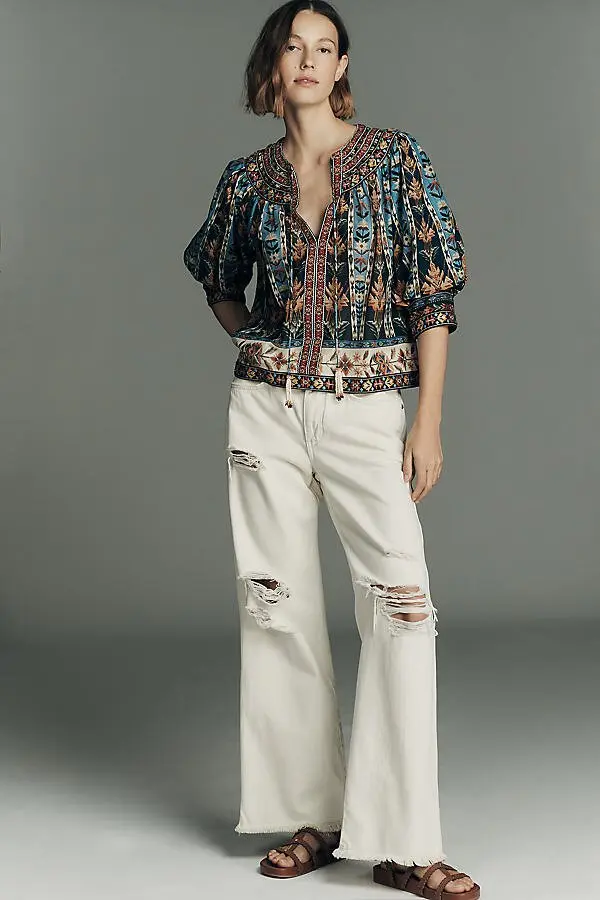 Farm Rio Embroidered Tasseled V-neck Top
