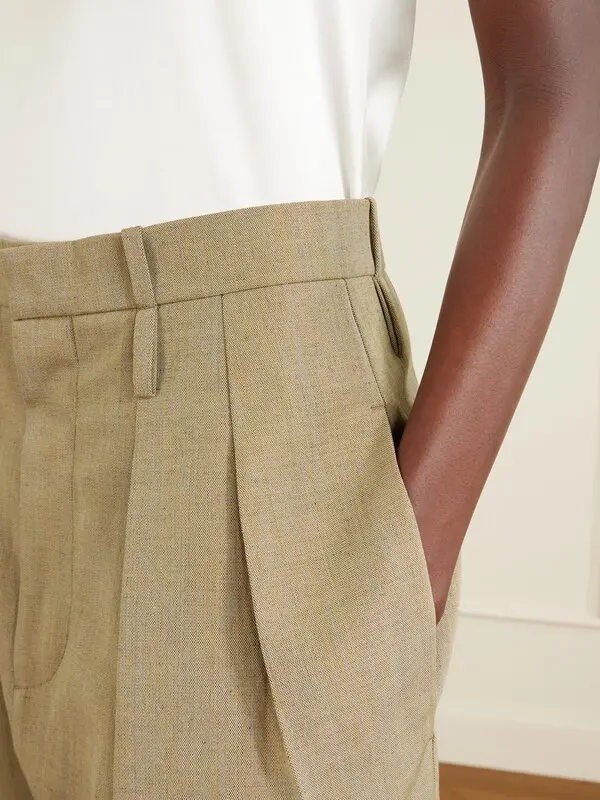 Bottega Veneta Cropped Pleated Woven Tapered Pants - Green