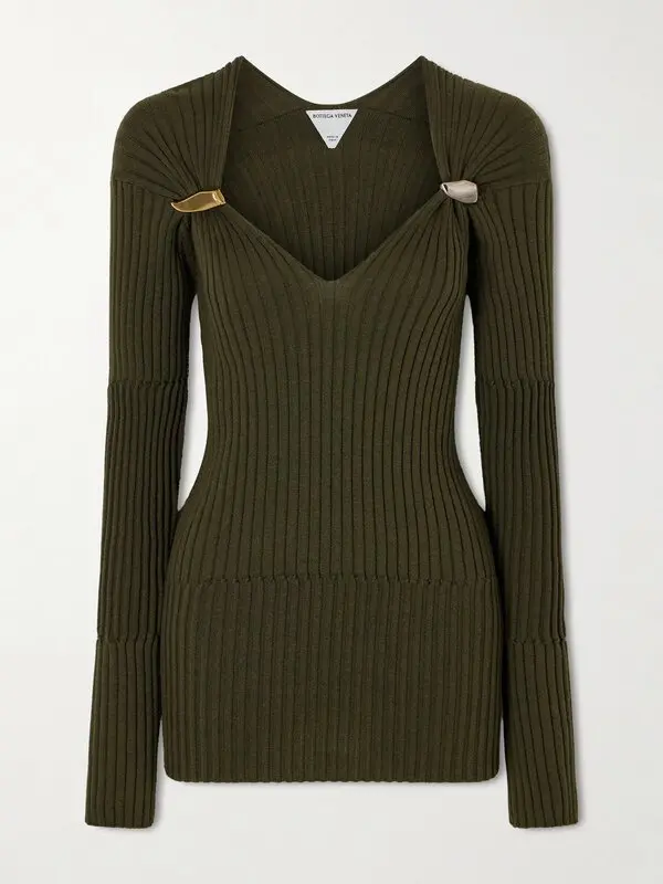 Bottega Veneta Embellished Ribbed Cashmere And Silk-blend Sweater - Green