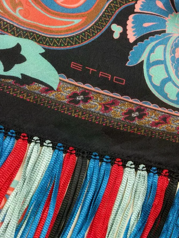 Etro Silk Scarf With Fringing And Floral Motif - Black