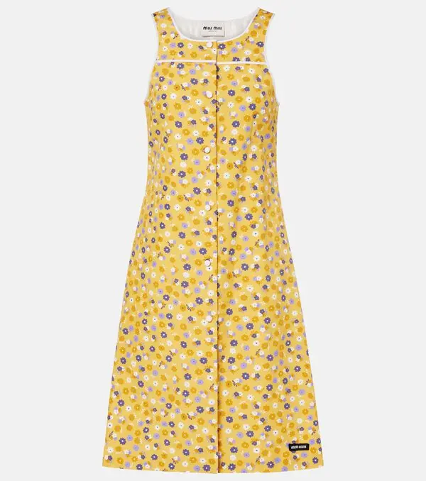 Miu Miu Floral Cotton Poplin Midi Dress - Yellow