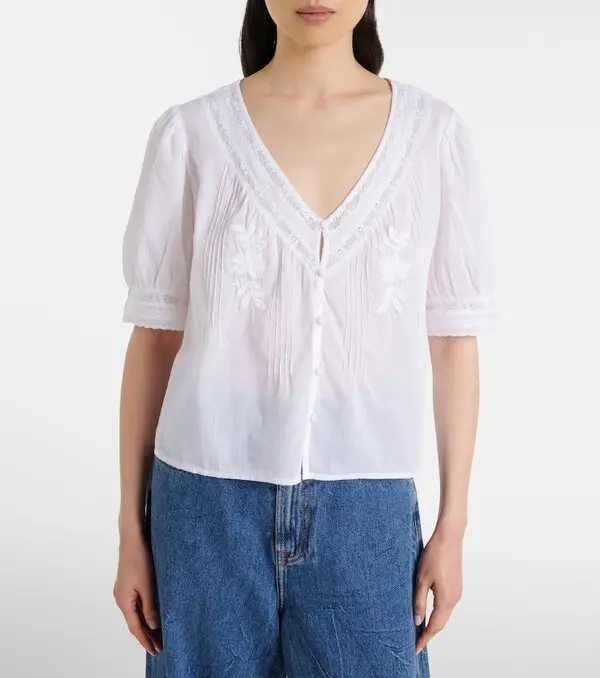 Velvet By Graham & Spencer Mavis Lace-trimmed Cotton Blouse