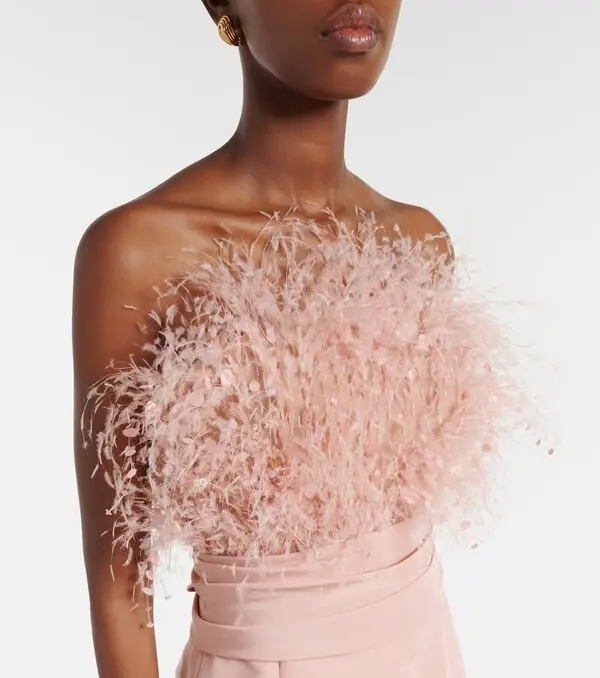 Oscar De La Renta Feather-trimmed Silk Faille Bustier Gown