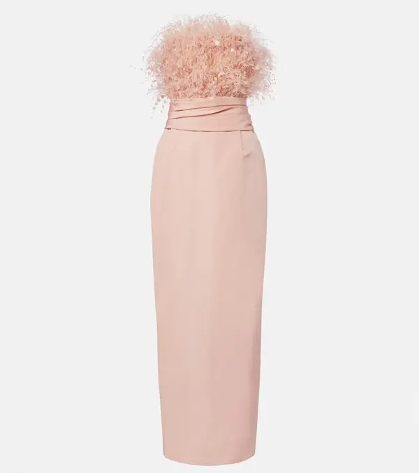 Oscar De La Renta Feather-trimmed Silk Faille Bustier Gown - Pink